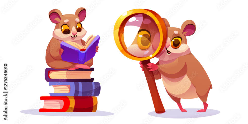 Cute hamster characters in study activities - reading pet sitting on ...