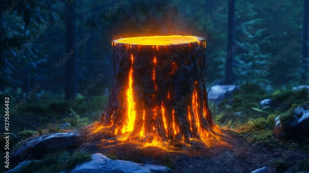 Glowing tree stump embodies magic and mystery within a dark forest ...