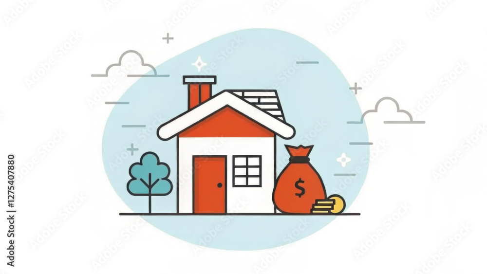 house and bag of money are shown side by side, symbolizing real estate ...