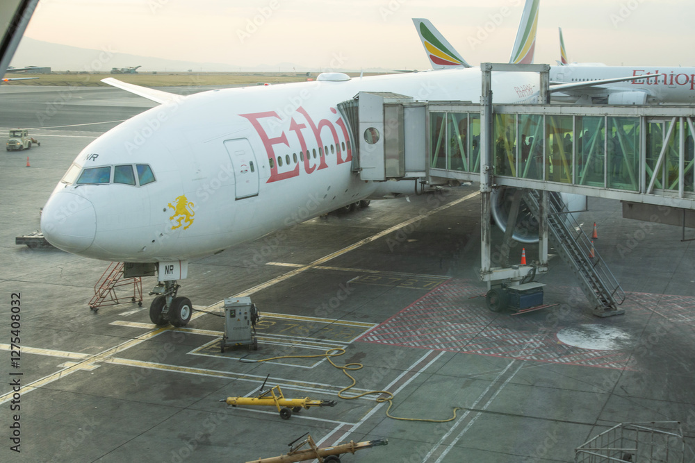 Foto de Stock ADDIS ABABA, ETHIOPIA - JANUARY 29, 2025: Airplanes from Ethiopian Airlines lined ...