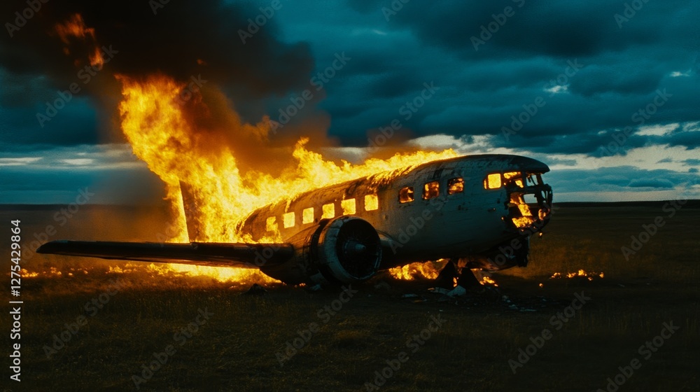 Air crash disaster with burning plane falling to the ground. Fiery ...