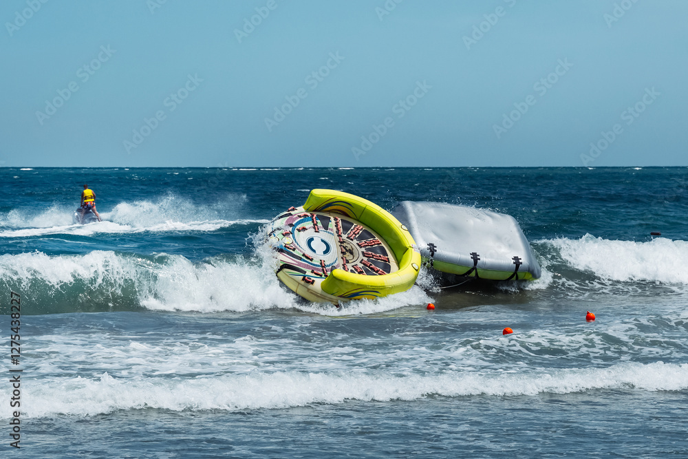 Sandy beach with with rental of jet skis and water sports equipment ...