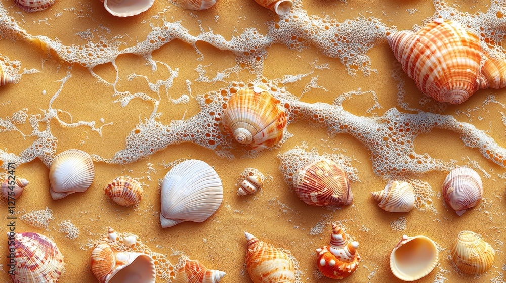 Collection of sea shells on sand beach top view seamless texture map ...