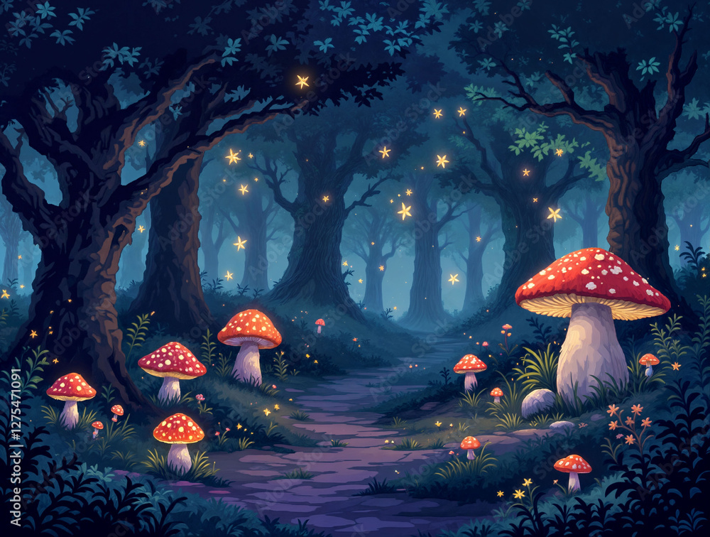 Pixel art enchanted forest with glowing mushrooms and fireflies Stock ...