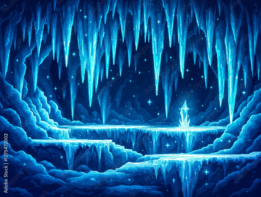 Pixel art ice cave with glowing blue crystals Stock Illustration ...