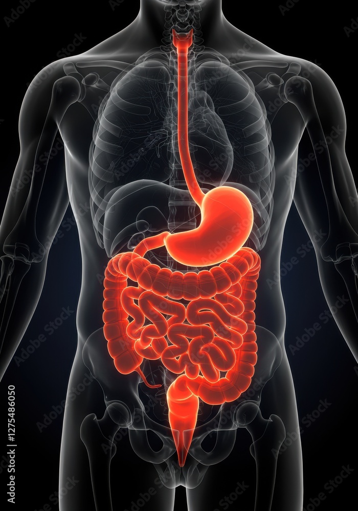 3D illustration of human digestive system , stomach and intestine. X ...