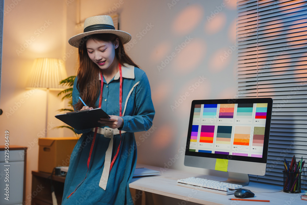Fashion designer taking notes on a clipboard while choosing colors for ...