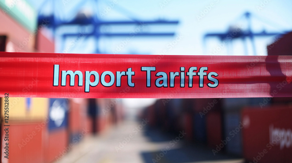 Import Tariffs with Warning red tape in front of seaport with cargo ...