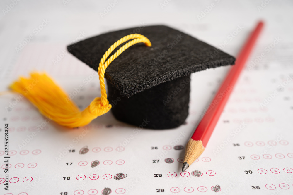 Graduation gap hat and pencil on answer sheet background, Education ...