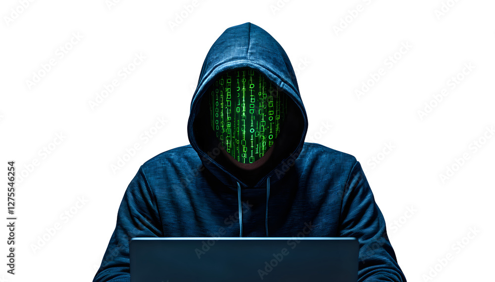hacker in hoodie and mask that hides his face works at laptop. PNG ...