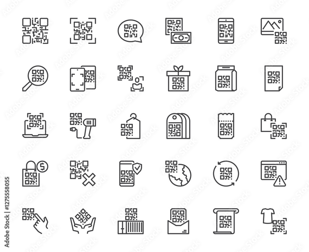 Vector outline icon set of product QR code related such payment scanner ...