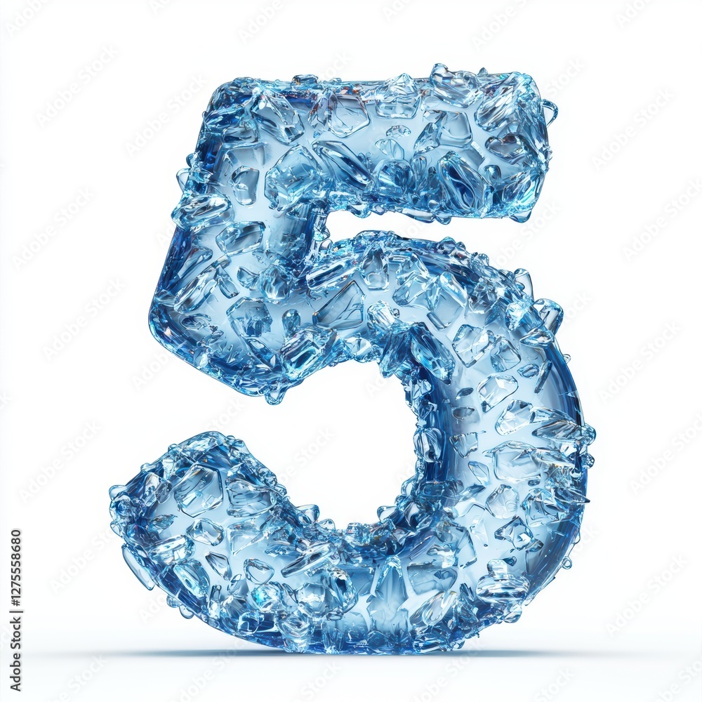 Number 5 made of frozen ice crystals with frosty textures isolated on a ...