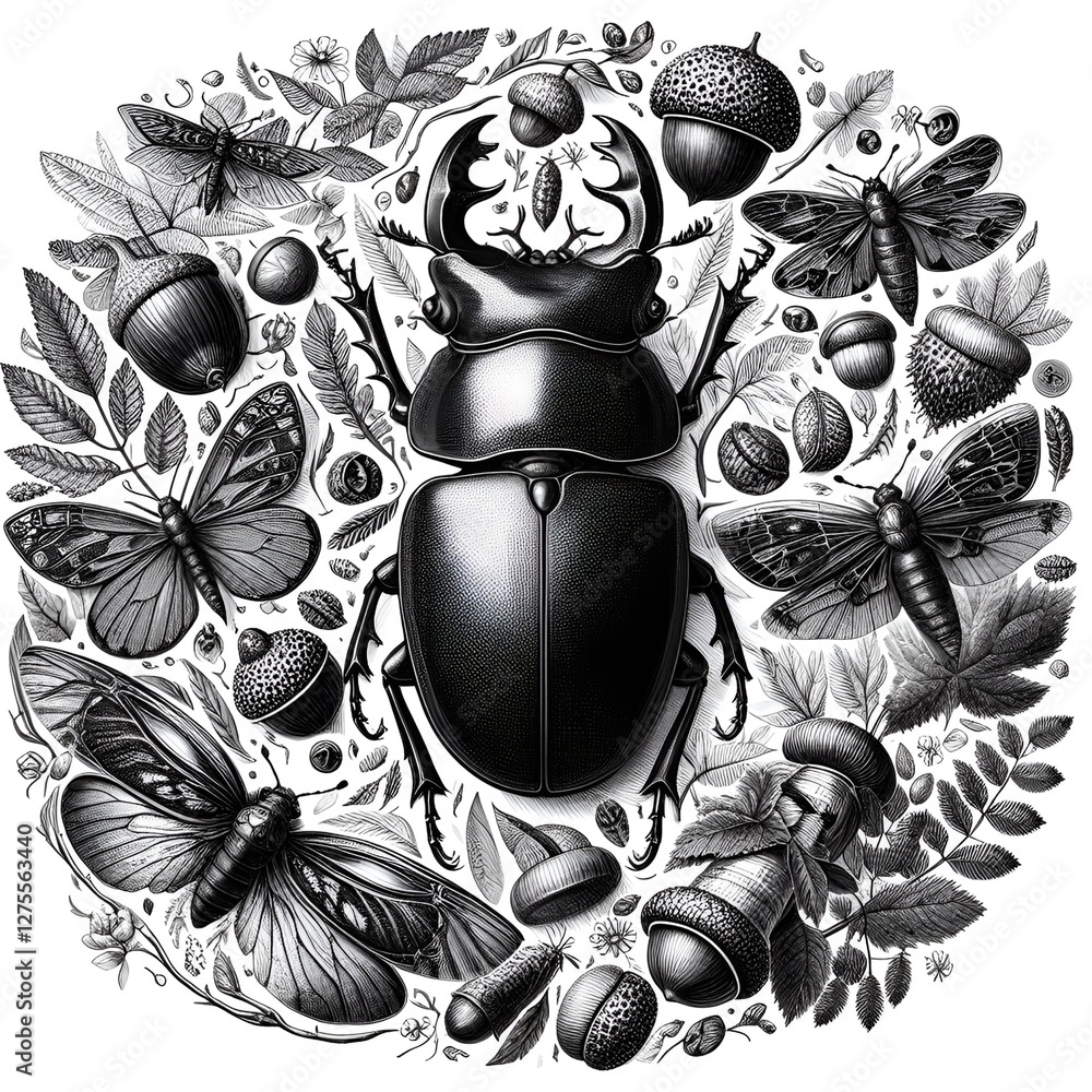 Botanical and scientific designs sketch of insects, beetles, mushrooms ...