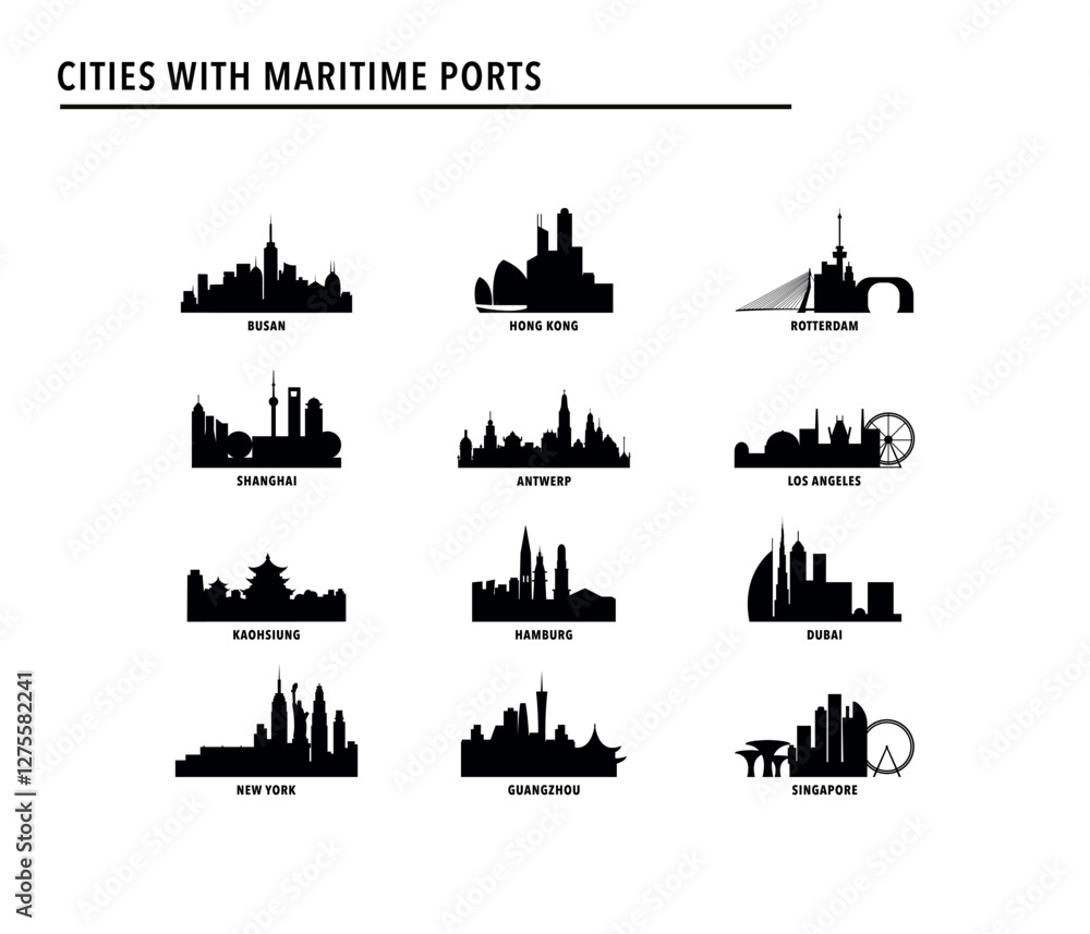Best and biggest cities with maritime ports - logo, icon pack with ...
