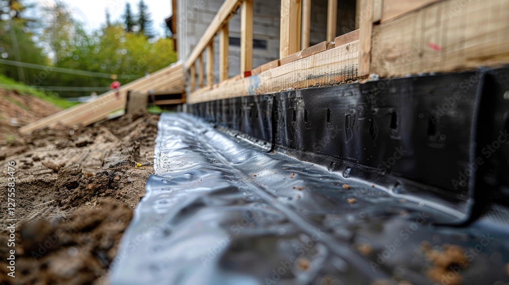 Black drainage membrane installed along foundation of house ...