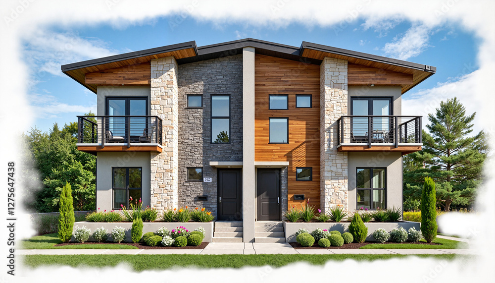 Elegant modern duplex with stone and wood elements, architectural ...