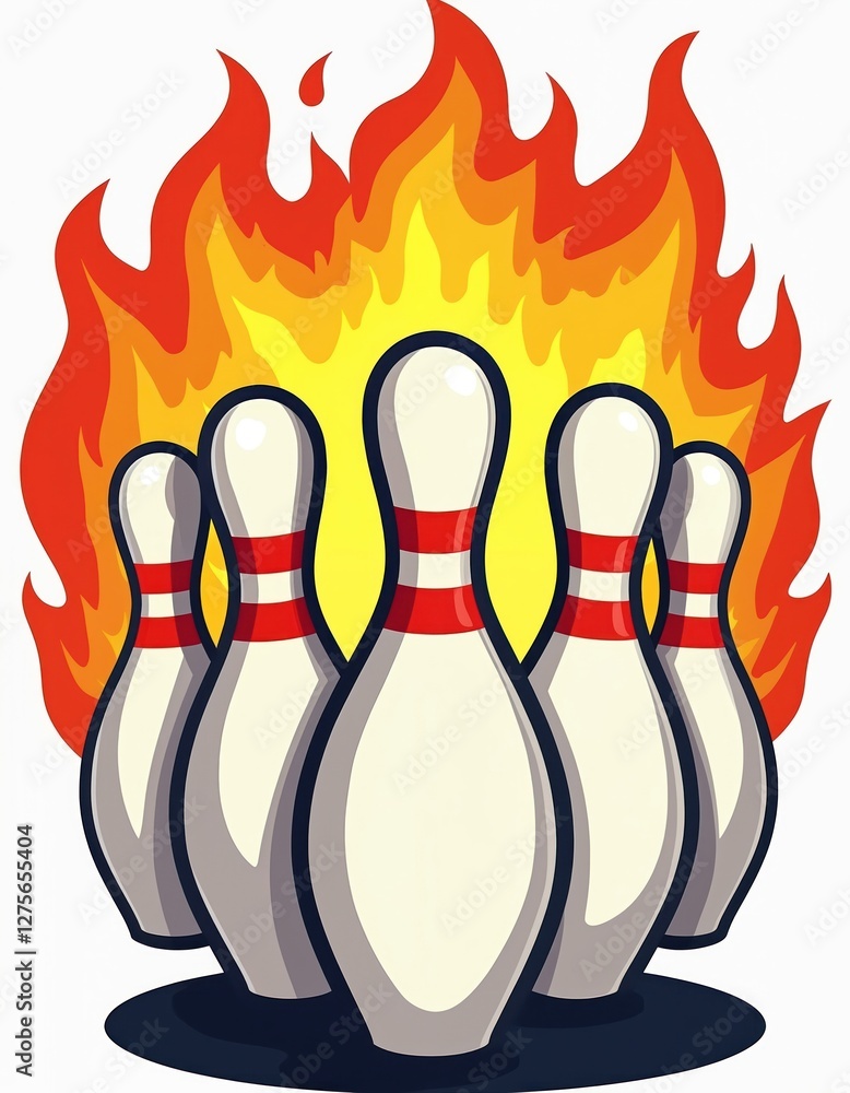 Cartoon illustration of bowling pins on fire. Flaming skittles for ...
