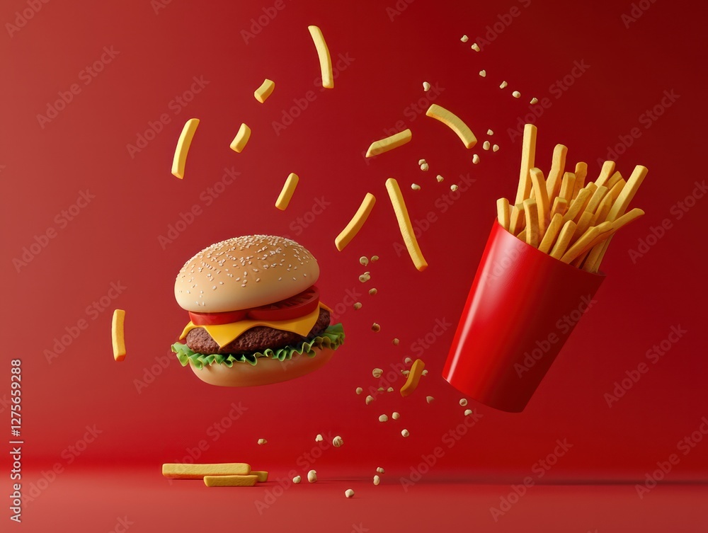 Exciting American Fast Food Experience Burger and Fries Floating in a ...