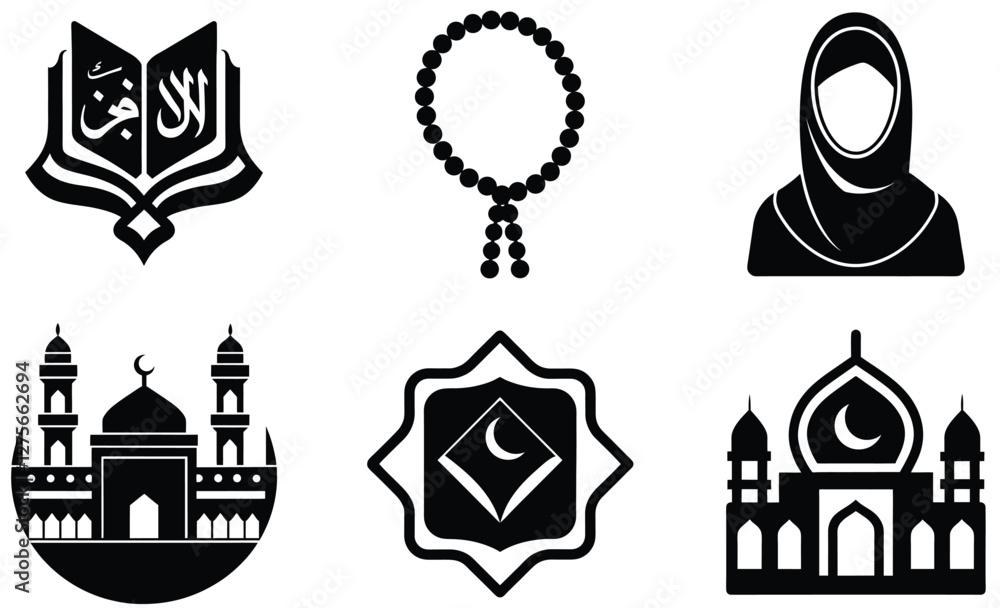 islamic icons for ramadan vector Set, islamic icons isolated black on ...