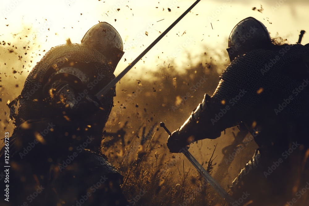 Two armored knights clashing in battle amid flying debris at sunset ...