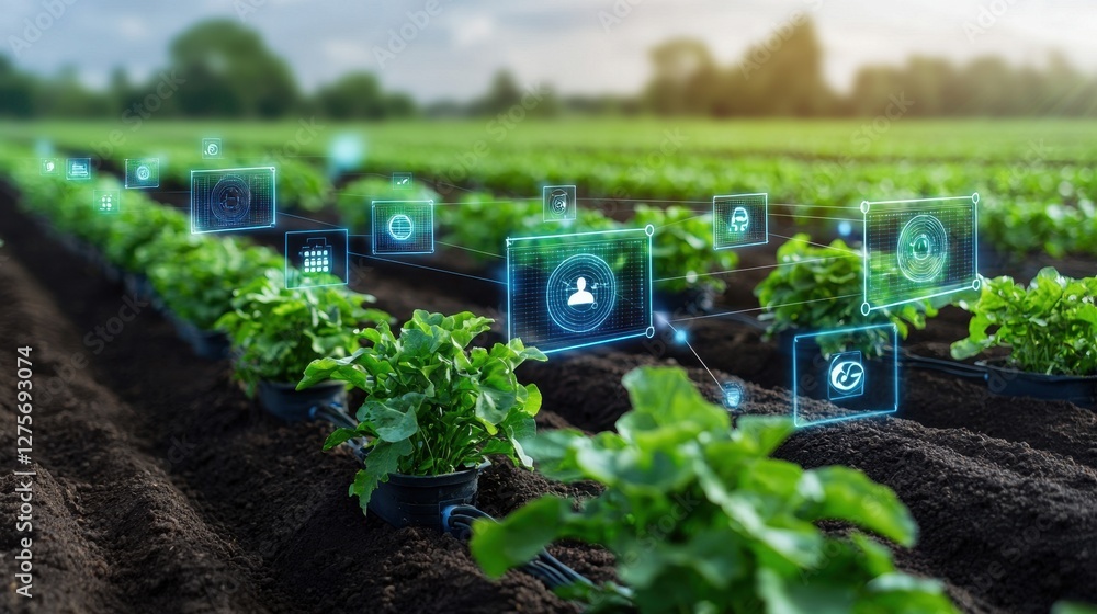 Agricultural Technology Integration in Green Crop Rows on Farm with ...