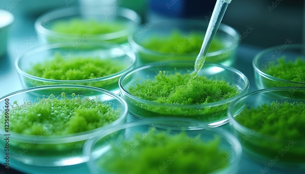 Foto de Stock Lab exam of green microalgae clusters in petri dishes under study. Scientific ...