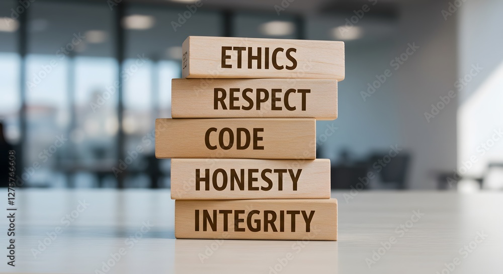 wooden blocks stacked vertically on a light surface display "ETHICS ...