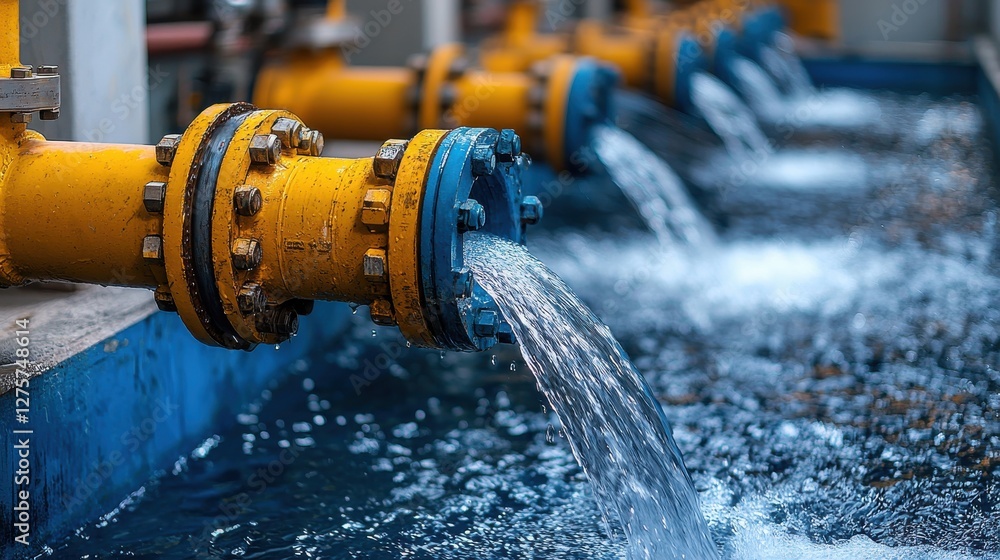 Industrial pipes releasing water, showcasing a system for fluid ...