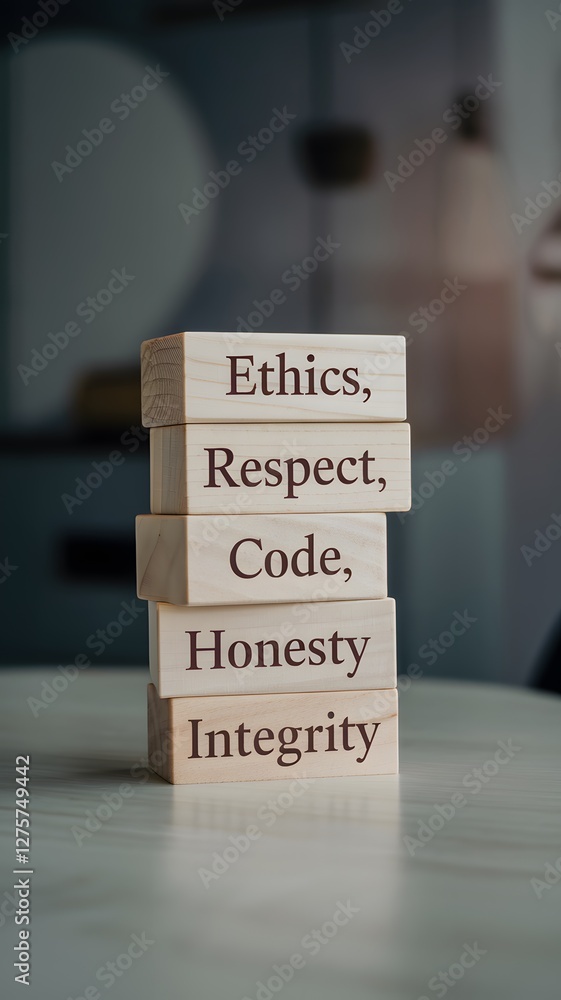 wooden blocks stacked vertically on a light surface display "ETHICS ...