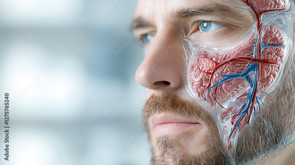 detailed anatomical visualization of human male face showing semi ...