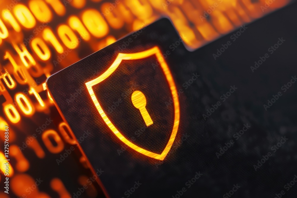 Cybersecurity concept with shield and key symbol in digital matrix background suitable for tech ...