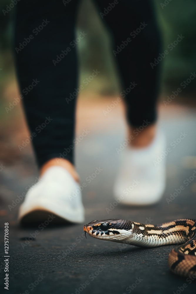 Person stepping back in fear from a snake on a forest path illustrating ...
