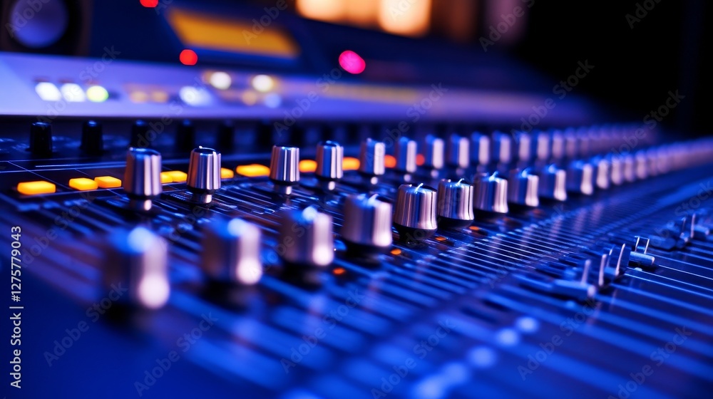 Close-up of a professional audio mixing console with illuminated ...
