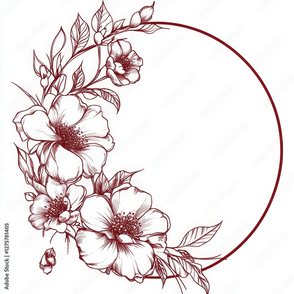 Floral circle frame, maroon line art, white background, design element ...