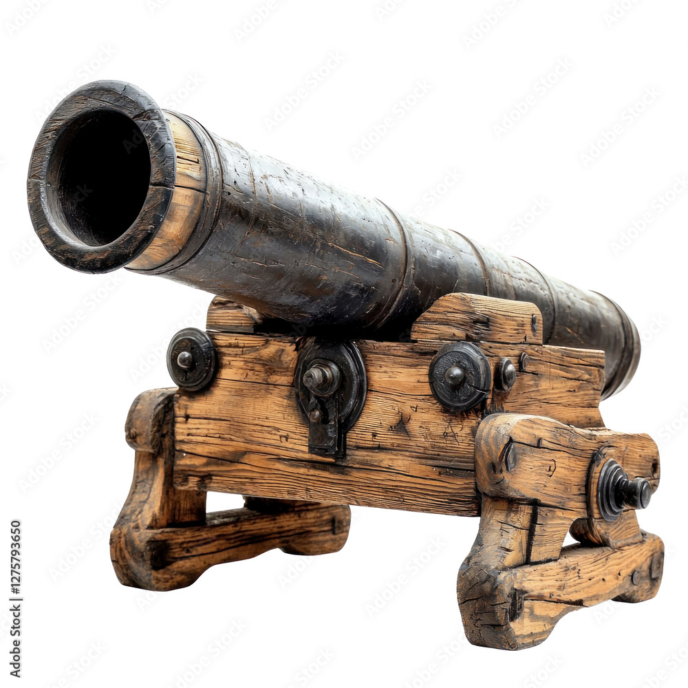 Antique wooden cannon on display with historical context isolated on ...