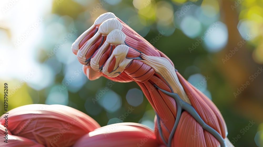 Muscular arm flexing with detailed veins and tendons visible ...