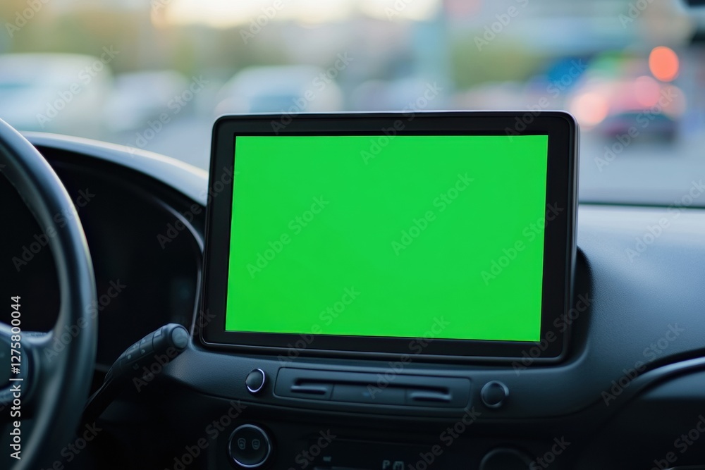 Navigator with green screen in the car dashboard. GPS module. Driver ...