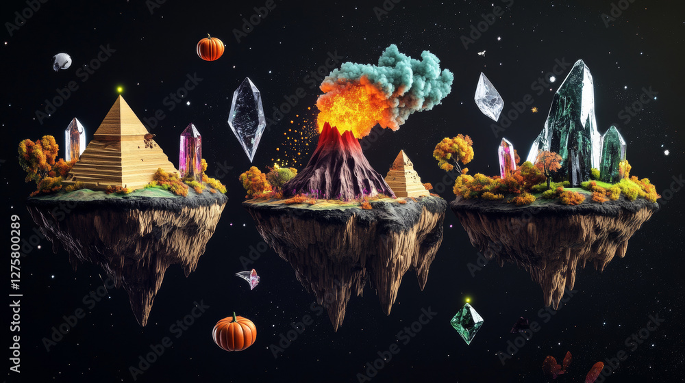 Set of floating island platforms for game ui isolated on black ...