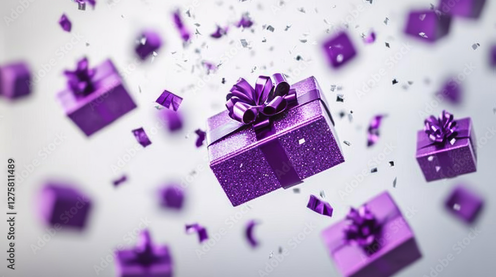 3d render gift boxes opening animation, closed and open purple present ...
