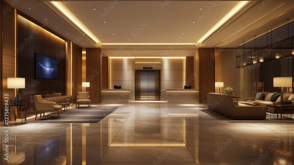 Hotel elevator mockup. Lift and tv led screen in lobby. 3d building ...