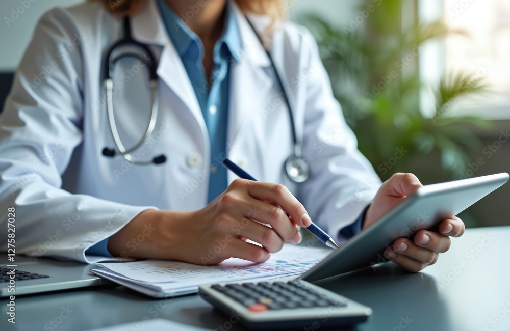 Female doctor calculates fees using tablet, calculator and laptop at ...