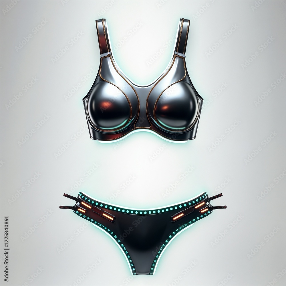 Metallic black lingerie set with turquoise and orange neon accents ...