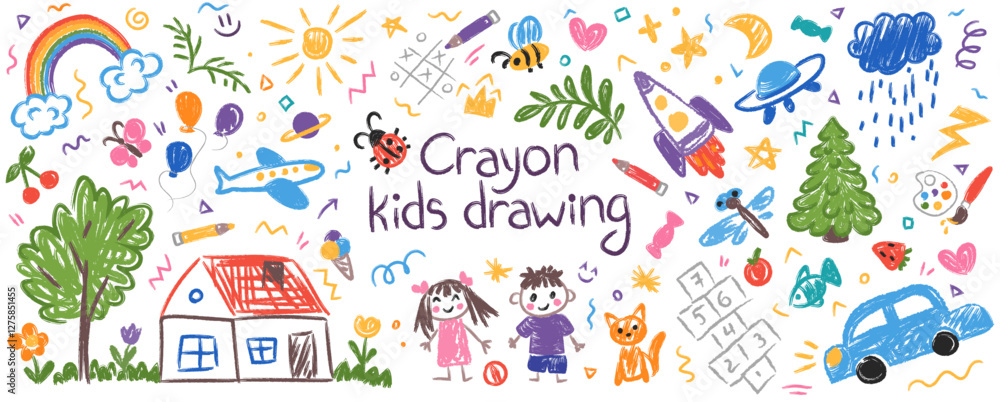 Vector de Stock Cute crayon kid illustration. Hand drawn doodle ...