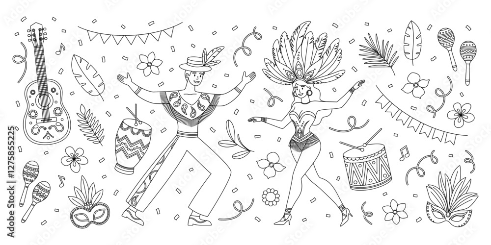 Brazil Carnival coloring page. Outline set with man and woman in ...