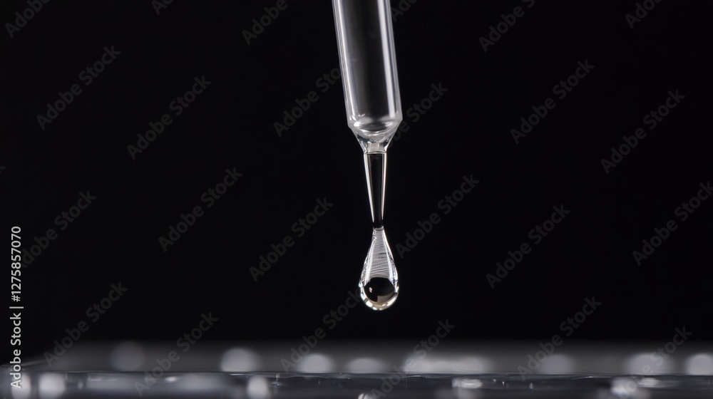 High-resolution close-up of a single droplet forming at the tip of an ...
