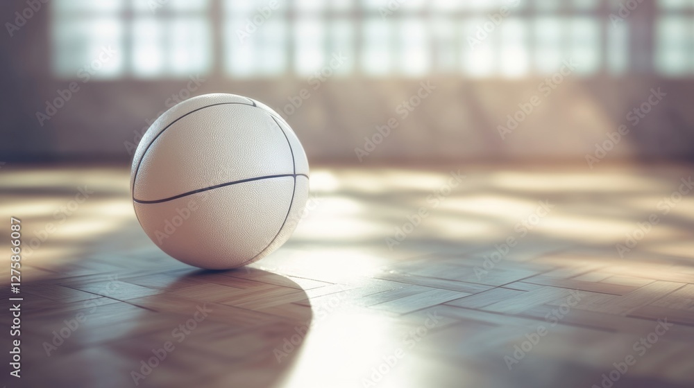 Volleyball ball in focus on parquet floor, background with soft blur ...
