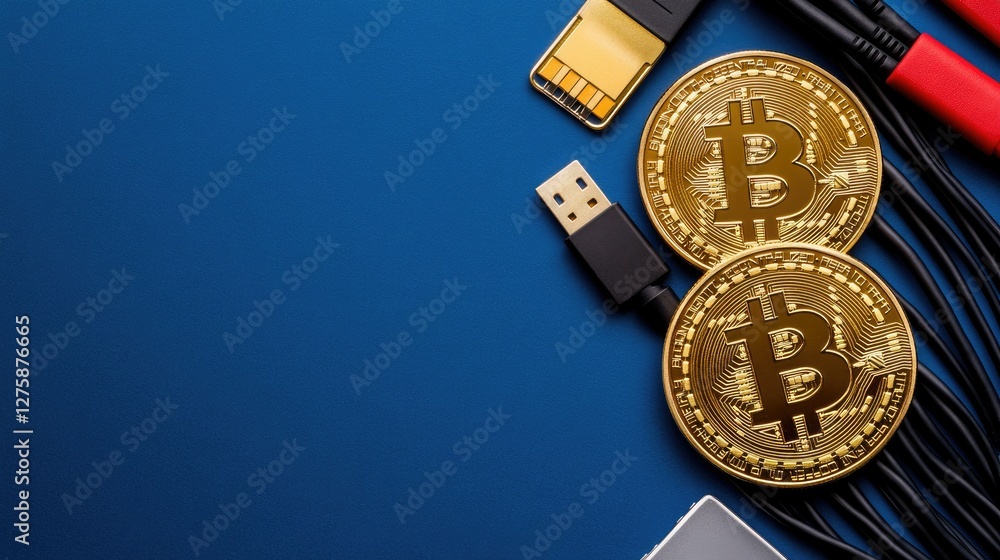 Bitcoin tokens with USB and memory card connectors showcase digital ...