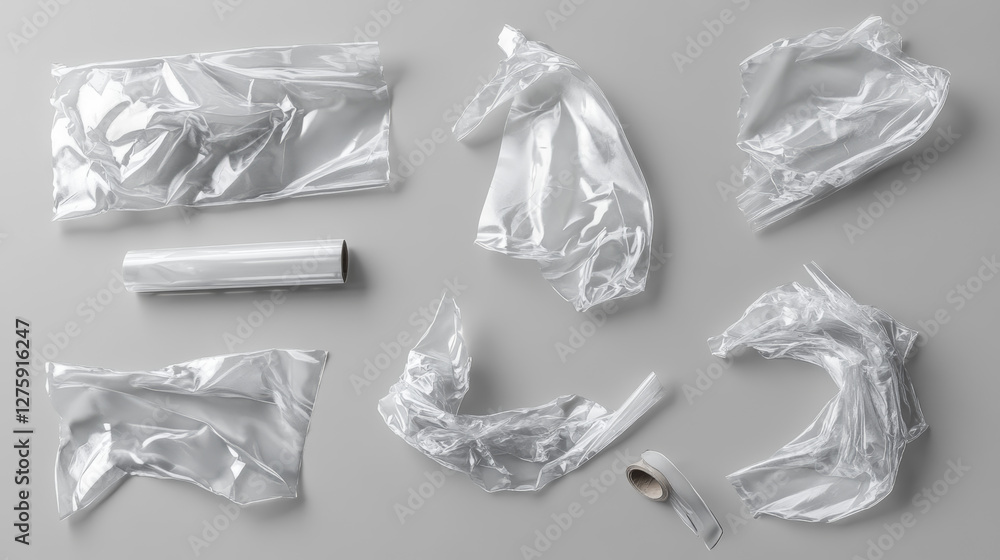 Transparent plastic vinyl wrap whole and torn with wrinkles and overlay ...