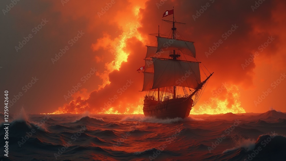 A gritty pirate ship navigates through a volcanic eruption, where ...