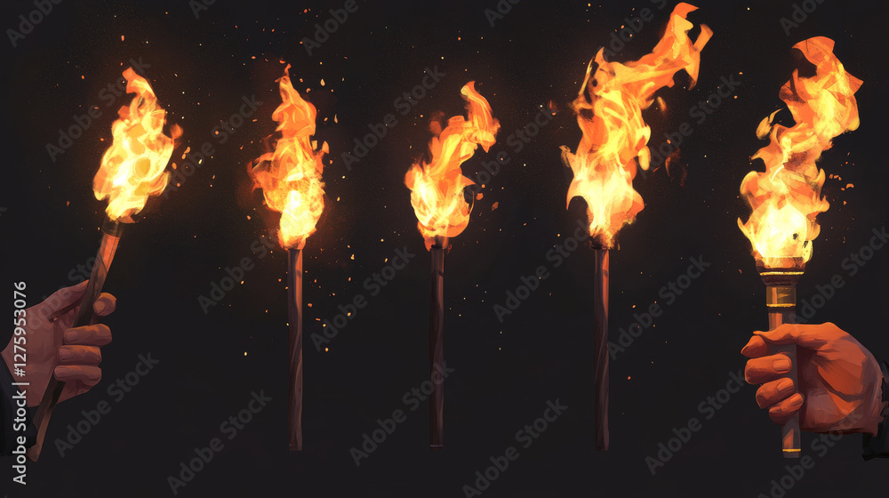Torch fire sprite for game. Flame frame sequence cartoon vector set ...